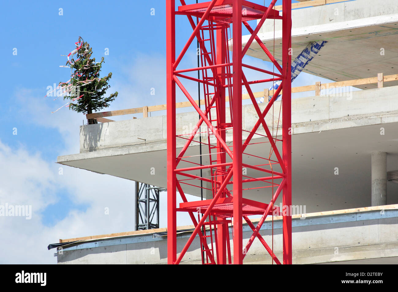 Red crane with topping-out tree at a construction site Stock Photo - Alamy