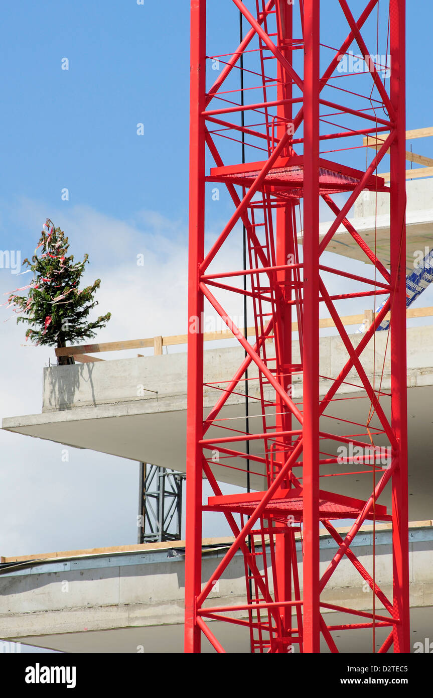 Red crane with topping-out tree at a construction site Stock Photo - Alamy