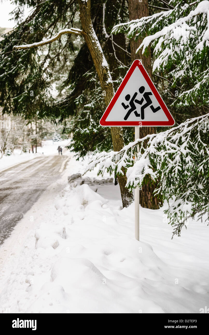 "Children" warning sign on a forest road Stock Photo - Alamy