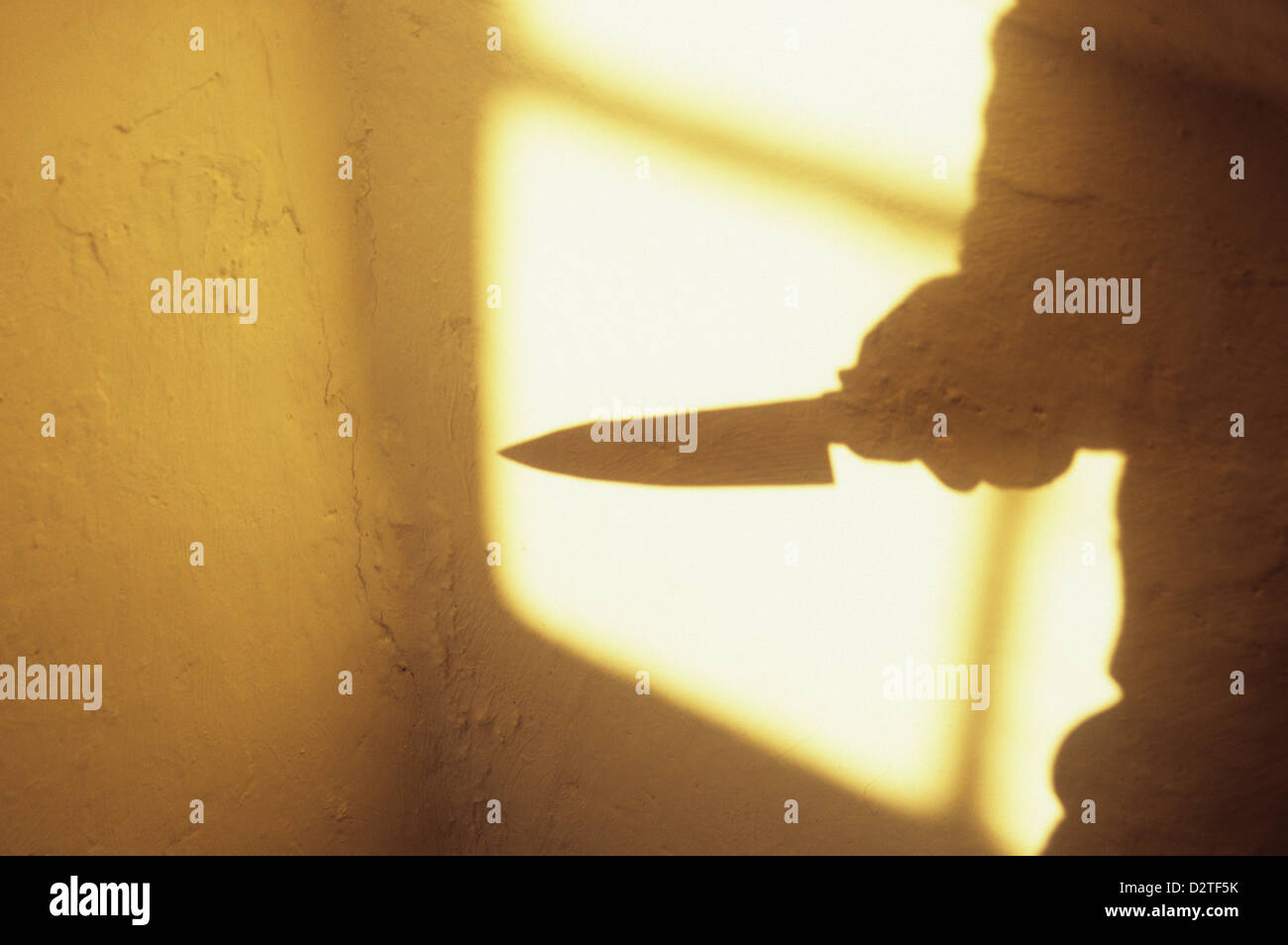 Shadow in warm light of window frames with hand holding long-bladed ...