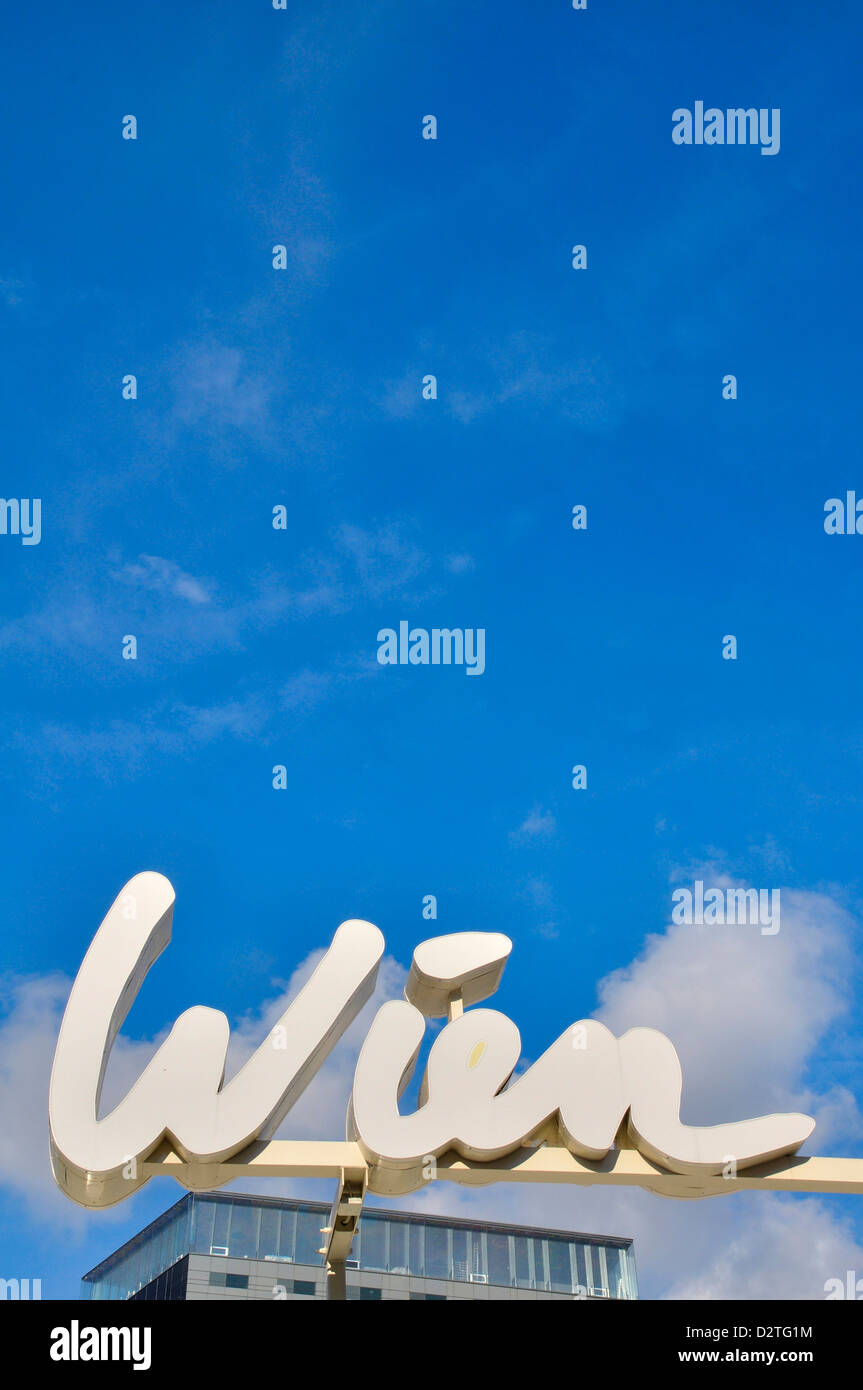 Vienna logo at the pier at the Vienna City Schwedenplatz Stock Photo ...