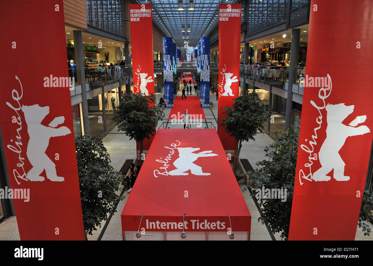 Huge banners advertise the Berlinale at the Potsdamer Platz Arkaden in ...