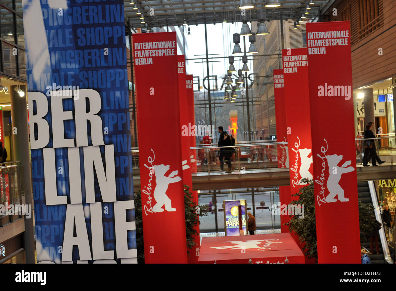 Huge banners advertise the Berlinale at the Potsdamer Platz Arkaden in ...