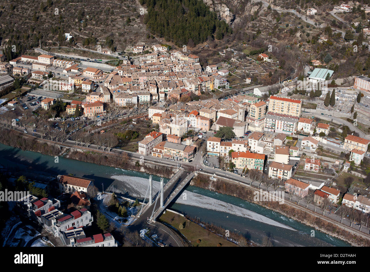 AERIAL VIEW. Small town on the left bank of the Var River. Puget ...
