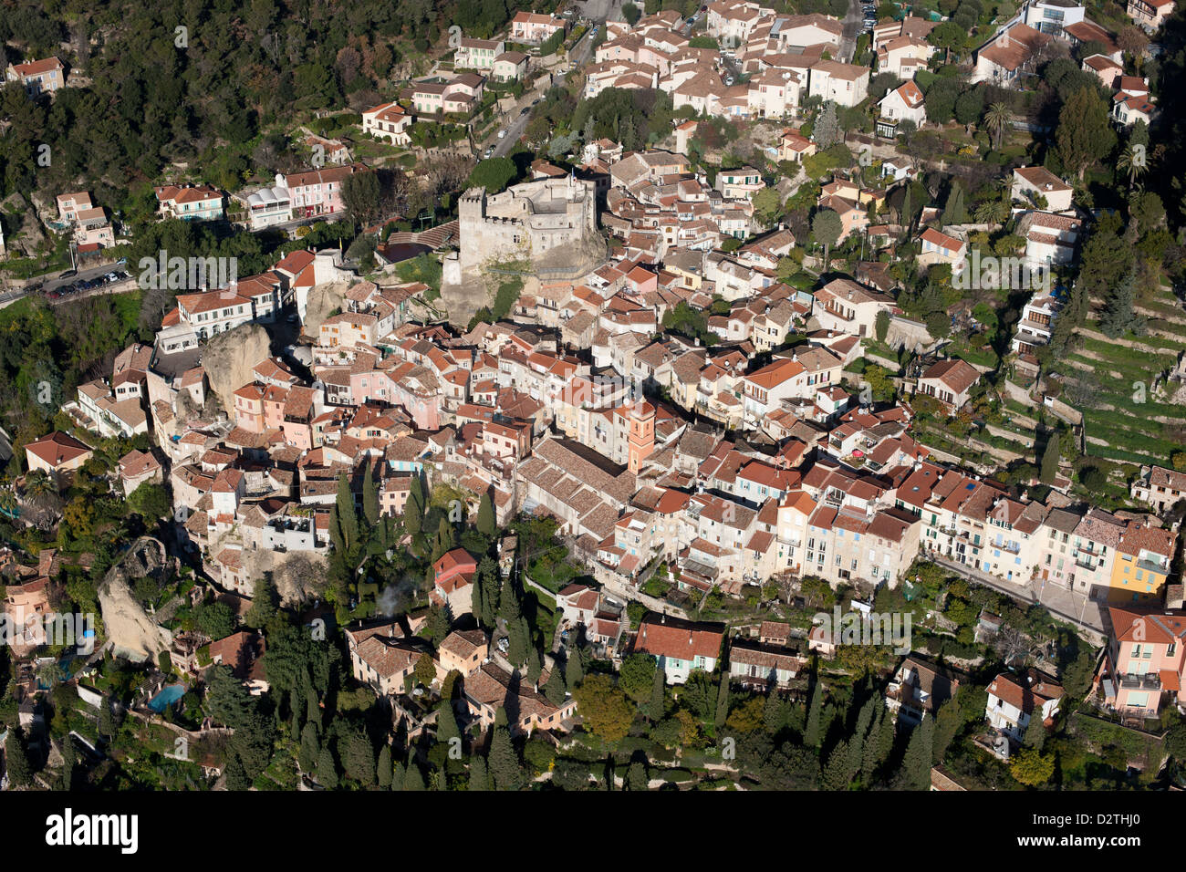 AERIAL VIEW. Perched medieval village crowned with a castle. Roquebrune ...