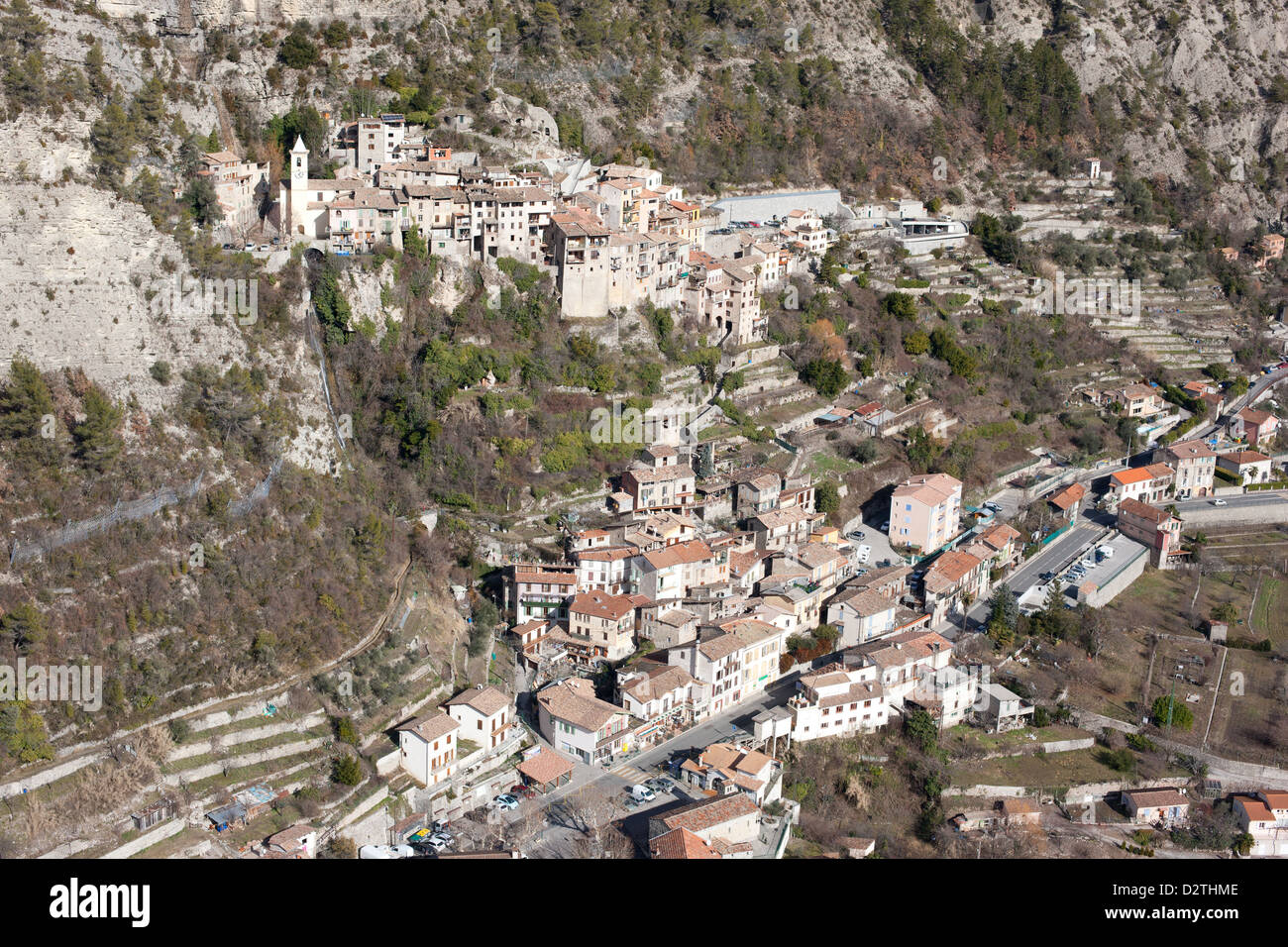 AERIAL VIEW. Perched medieval village. Touët-sur-Var, French Riviera's ...