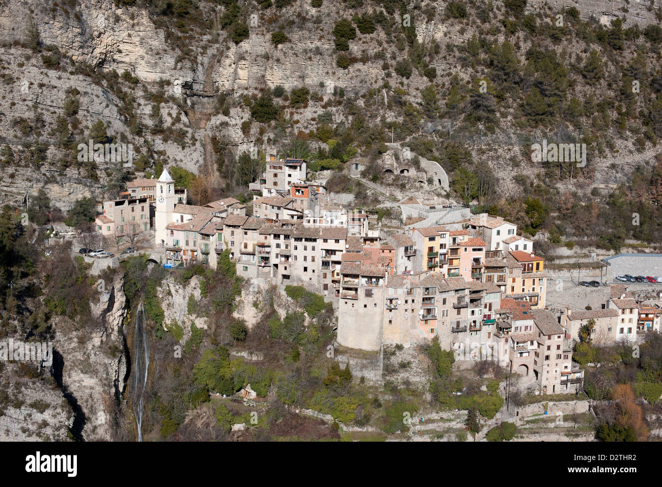 AERIAL VIEW. Perched medieval village. Touët-sur-Var, French Riviera's ...