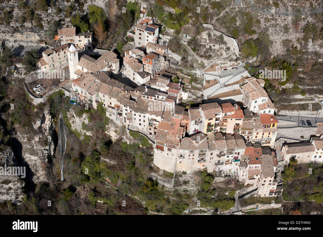 AERIAL VIEW. Perched medieval village. Touët-sur-Var, French Riviera's ...