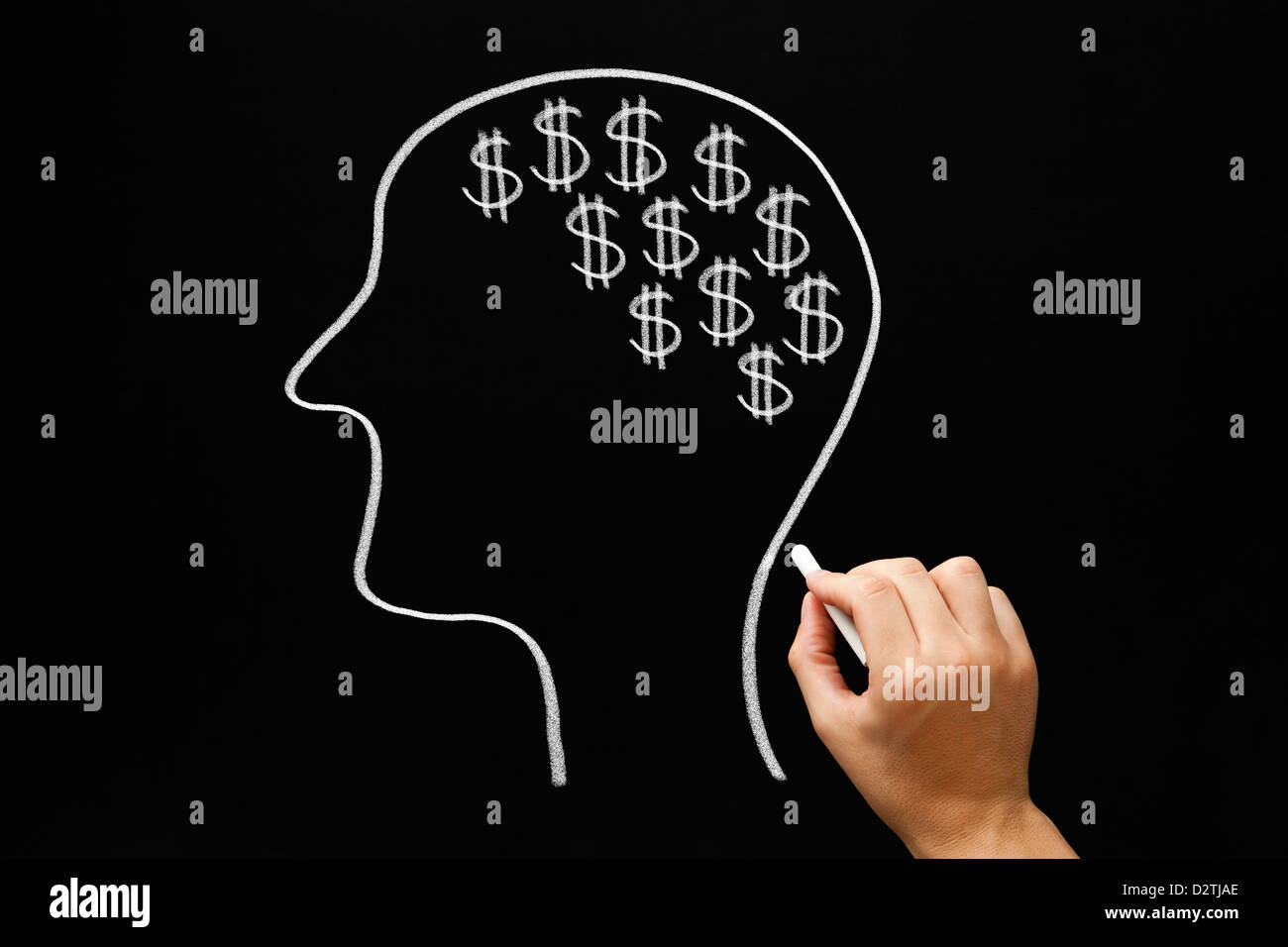 Hand drawing Human head and many dollar signs with white chalk on ...