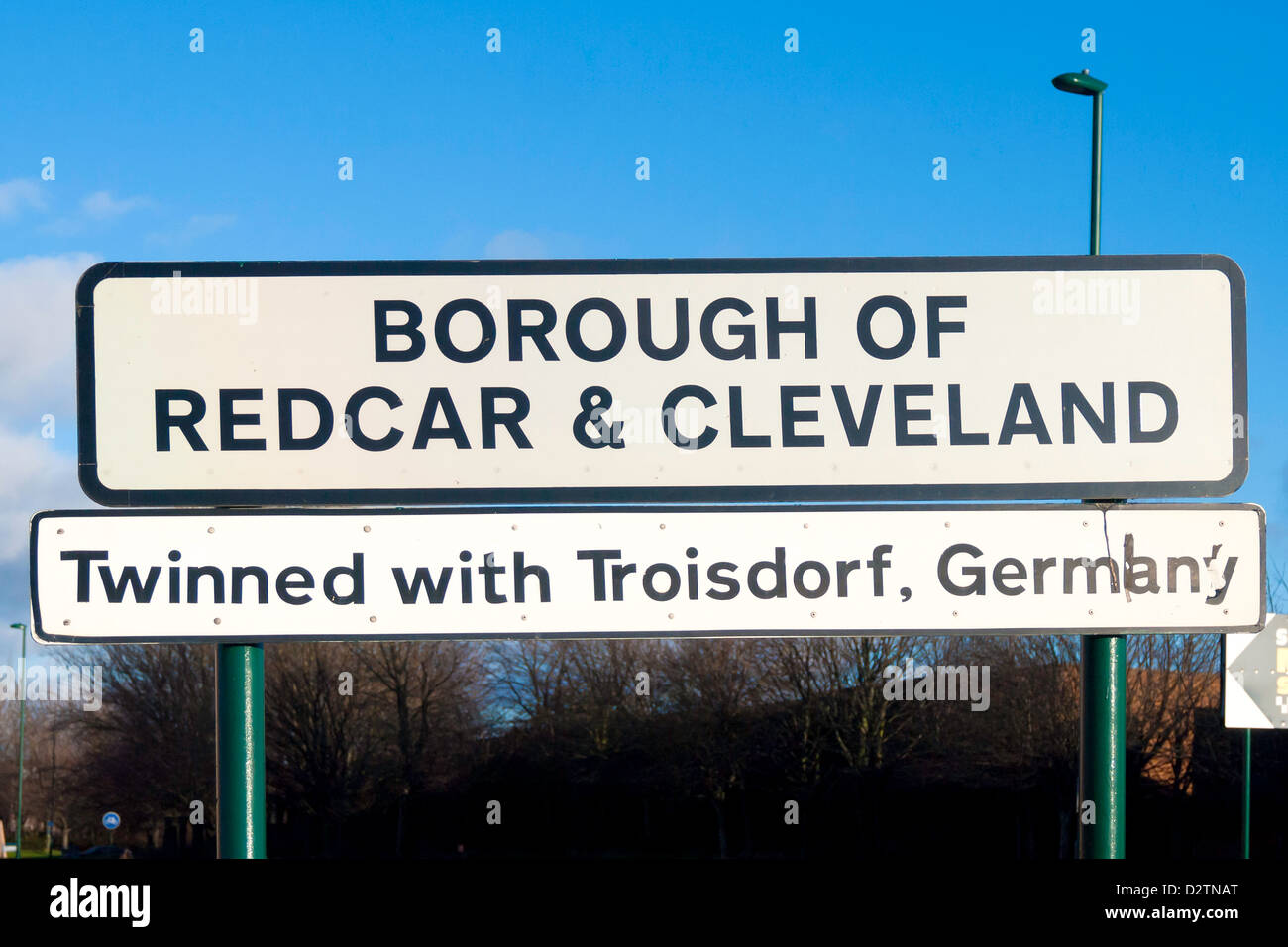 Road sign showing Borough of Redcar and Cleveland, Twinned with ...