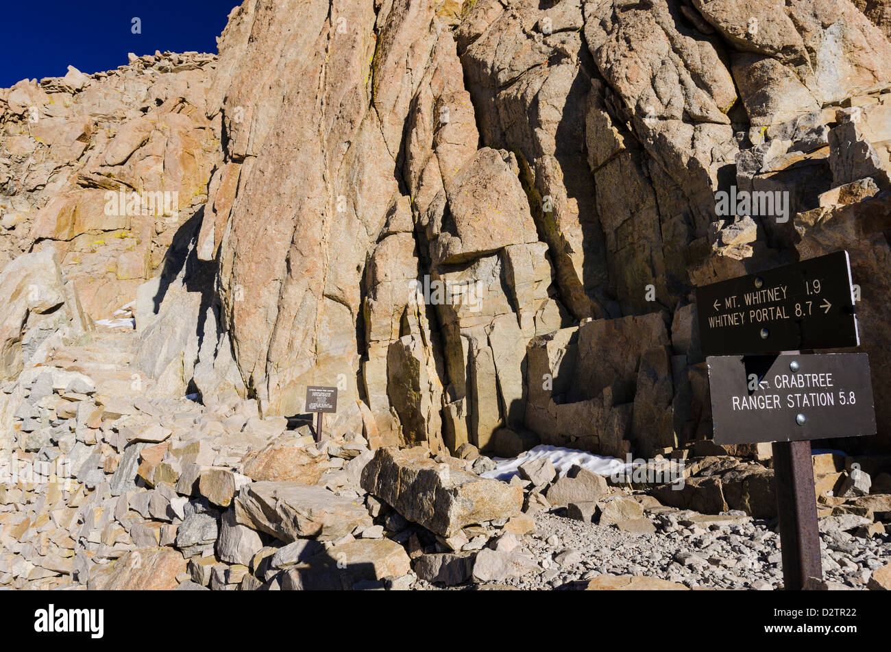 Trail signs on the Mount Whitney trail, Sequoia National Park, Sierra ...