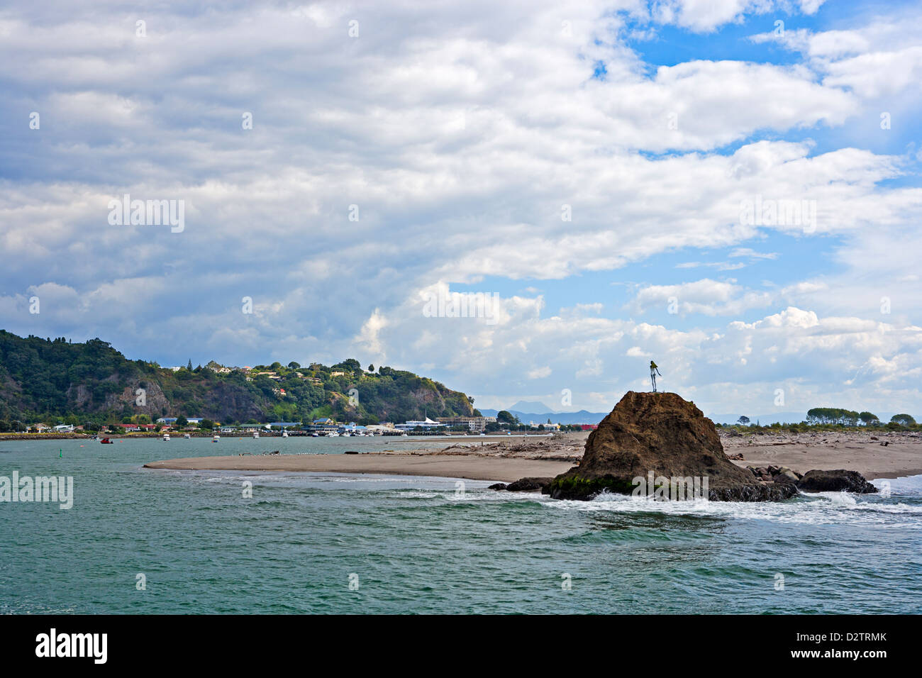 Town of Whakatane from the Whakatane River Mouth beside the statue of ...