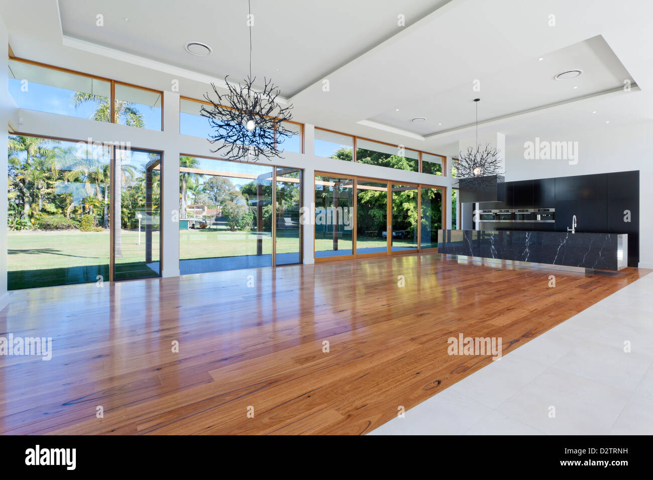 Amazing kitchen and living area in new spacious mansion Stock Photo - Alamy