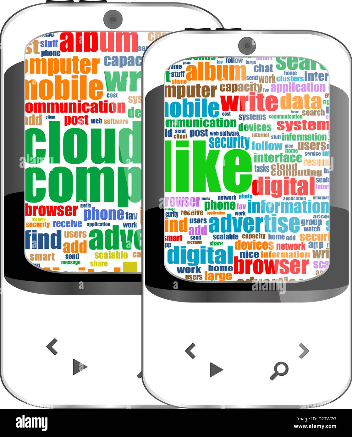 smartphone set with social word on display. Generic mobile smart phone ...