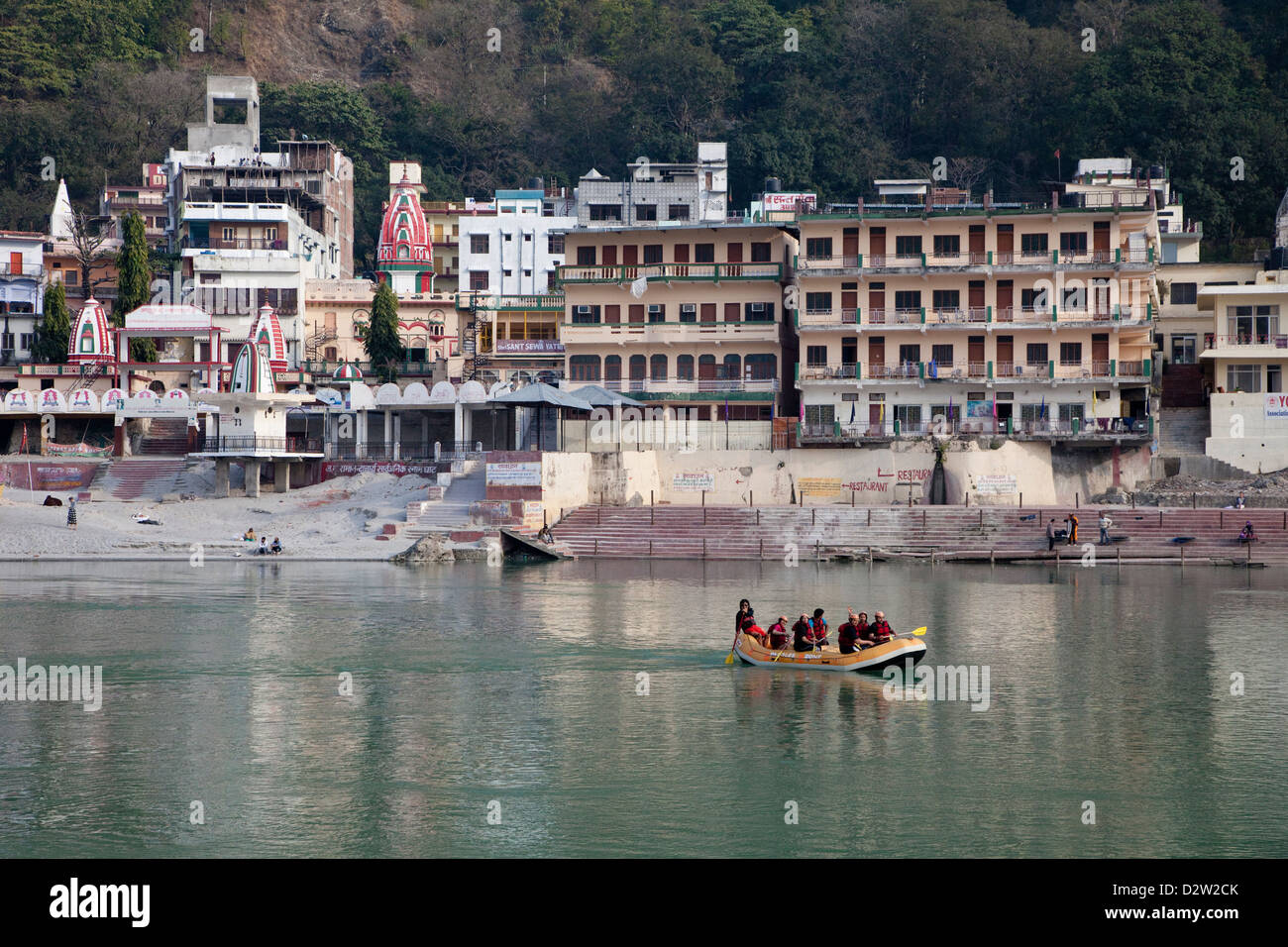 India, Rishikesh. Rafting on the Ganges (Ganga). Temples and Guest ...