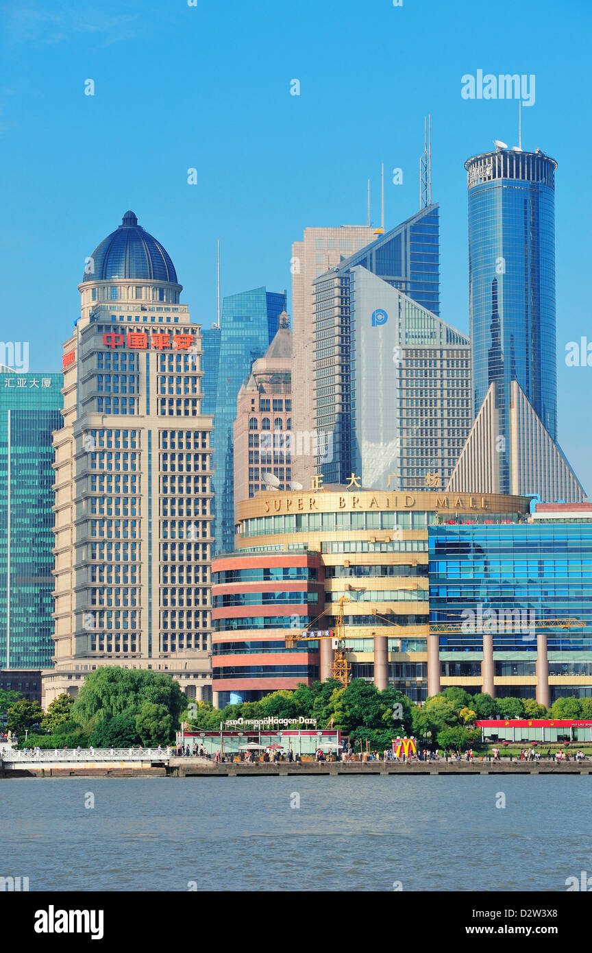 Shanghai skyline with skyscrapers and blue clear sky over Huangpu River ...