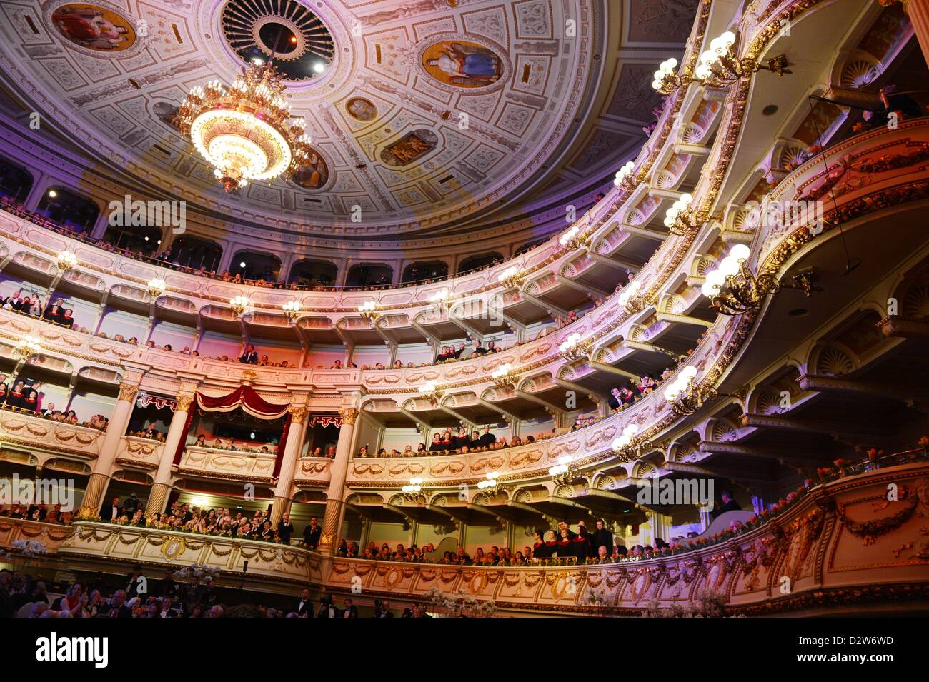 A view of the seating rows and balconies in the central auditorium of ...