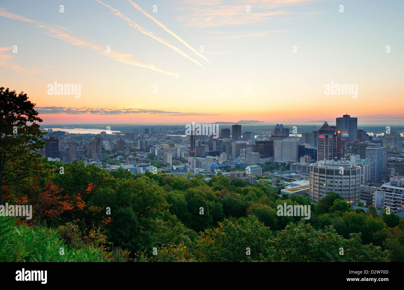 Montreal sunrise viewed from Mont Royal with city skyline in the ...