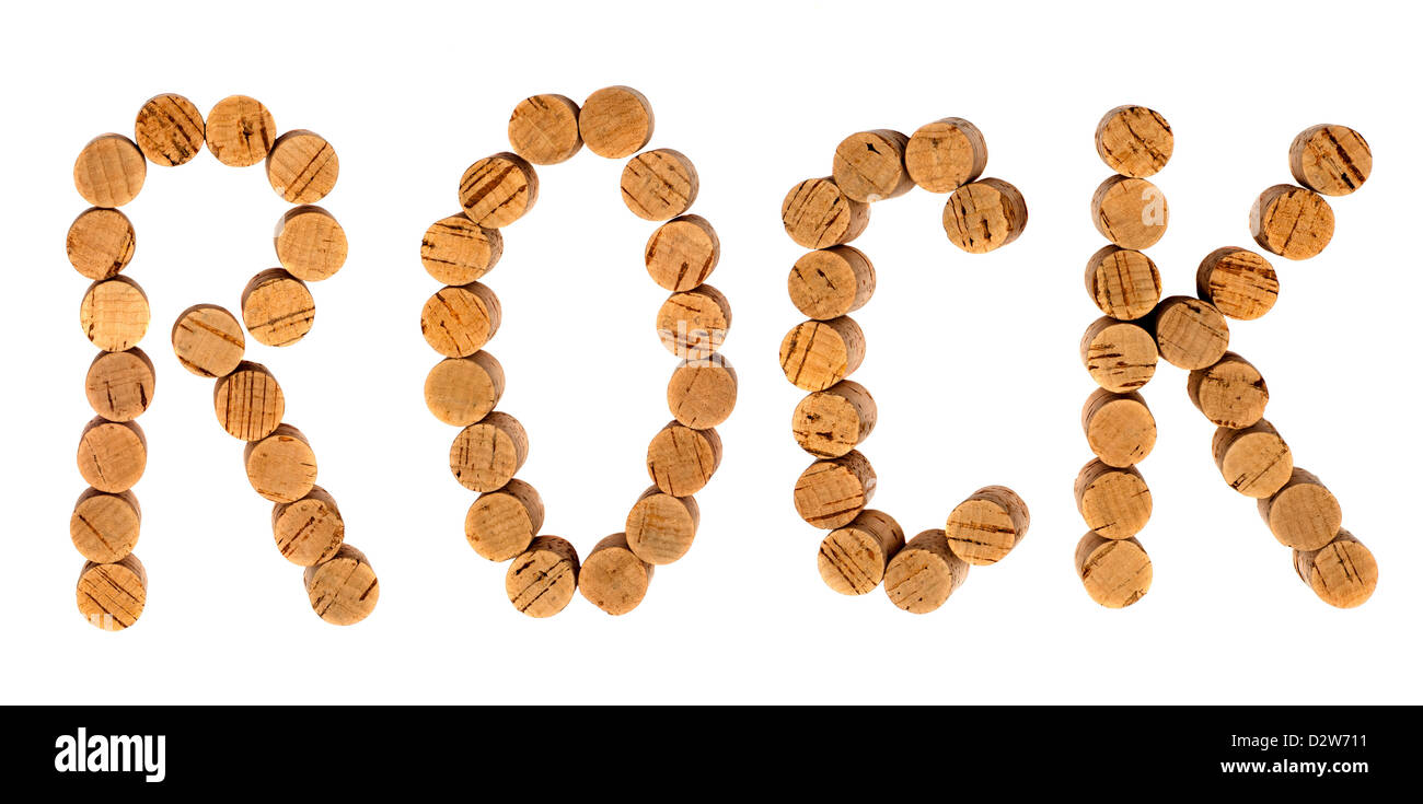 The word rock written with wine bottles corks isolated on white ...