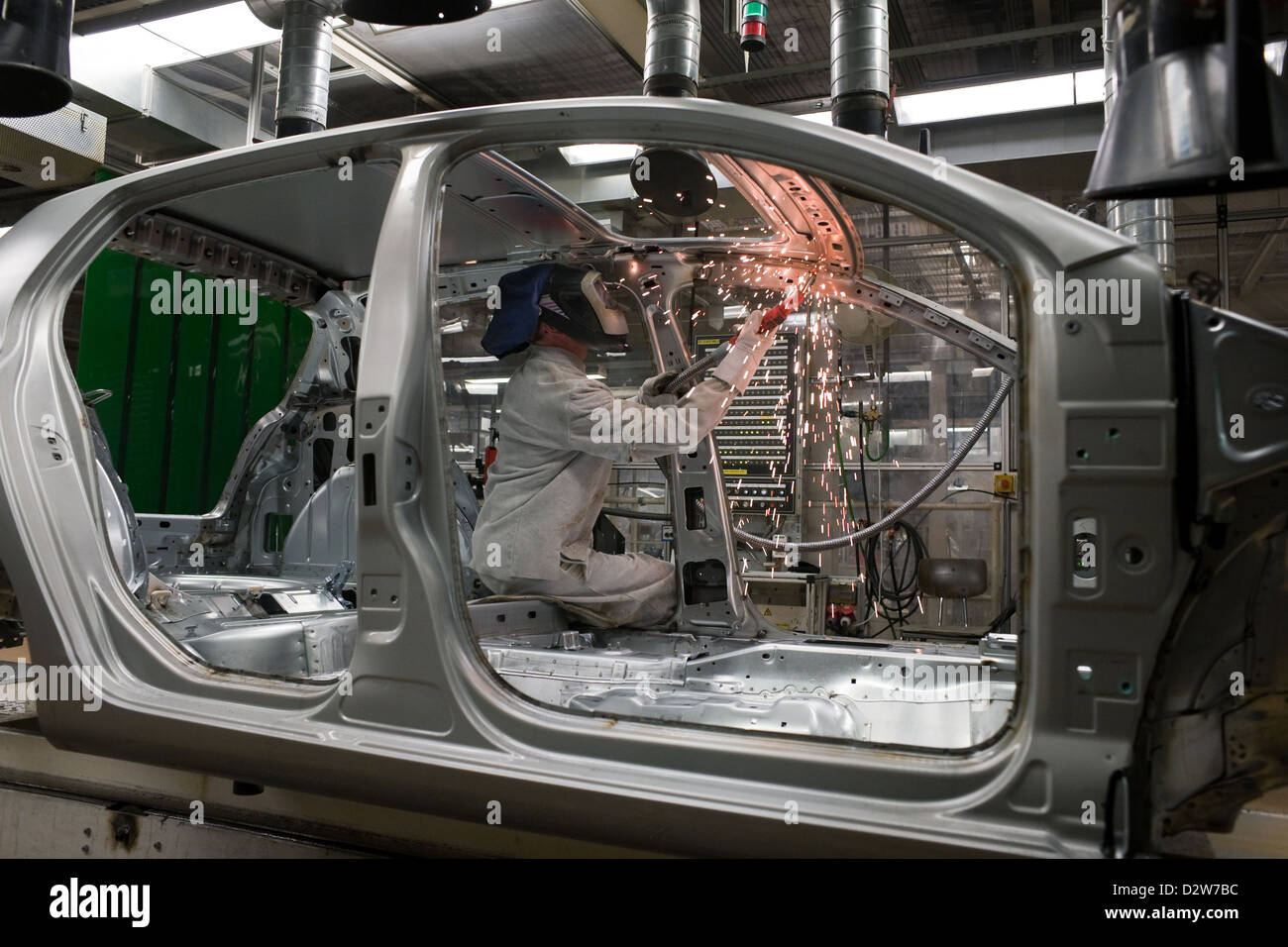 Wolfsburg, Germany, Volkswagen factory, welders under construction ...