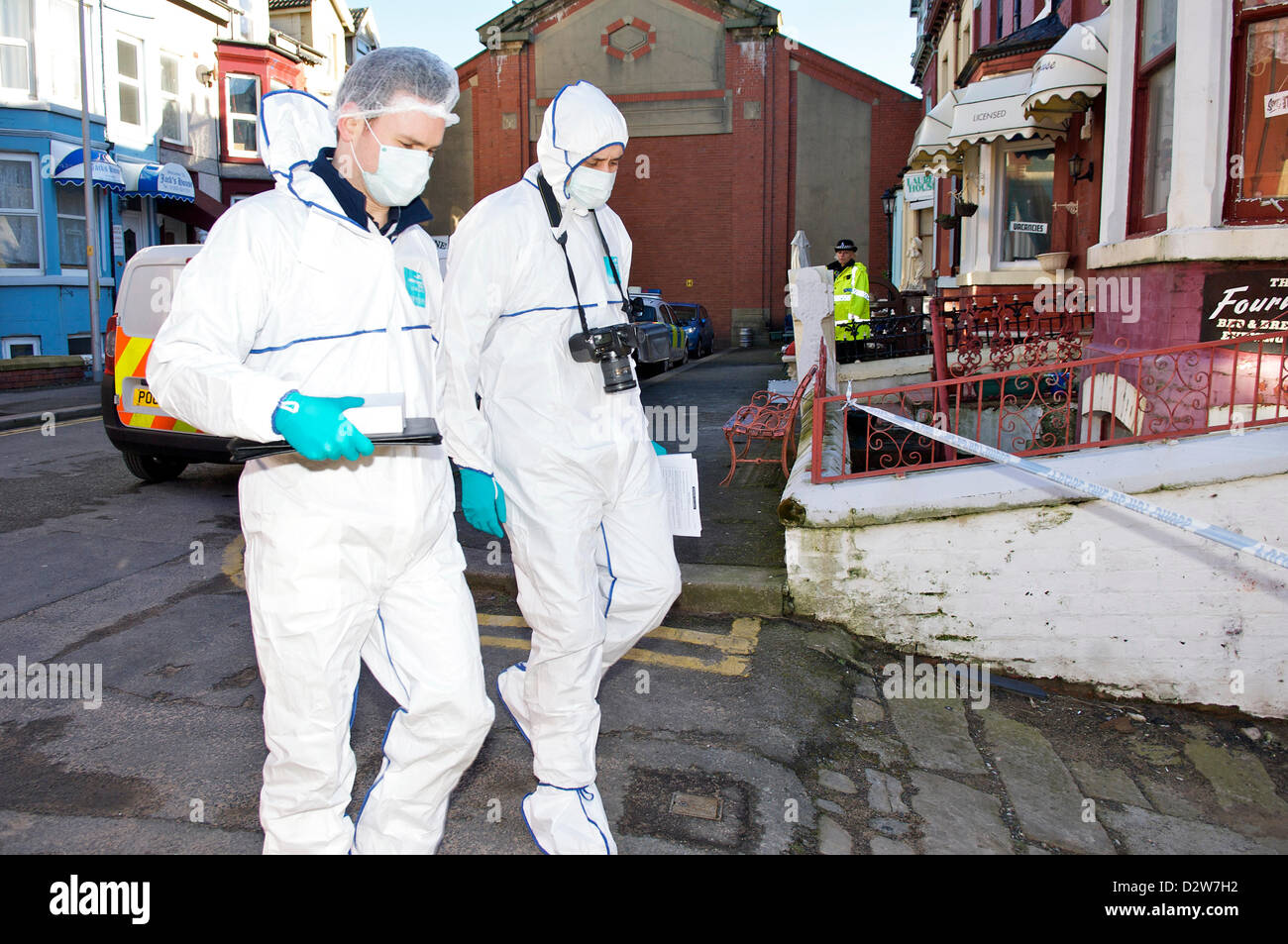 Blackpool, UK. 2nd February 2013. Police forensic teams investigate the ...