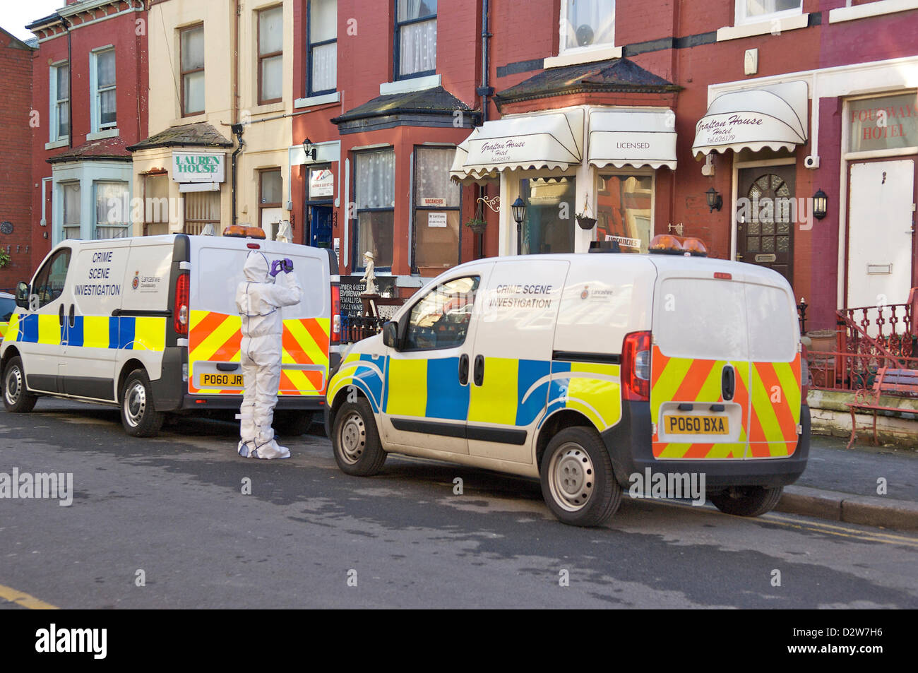 Blackpool, UK. 2nd February 2013. Police forensic teams investigate the ...