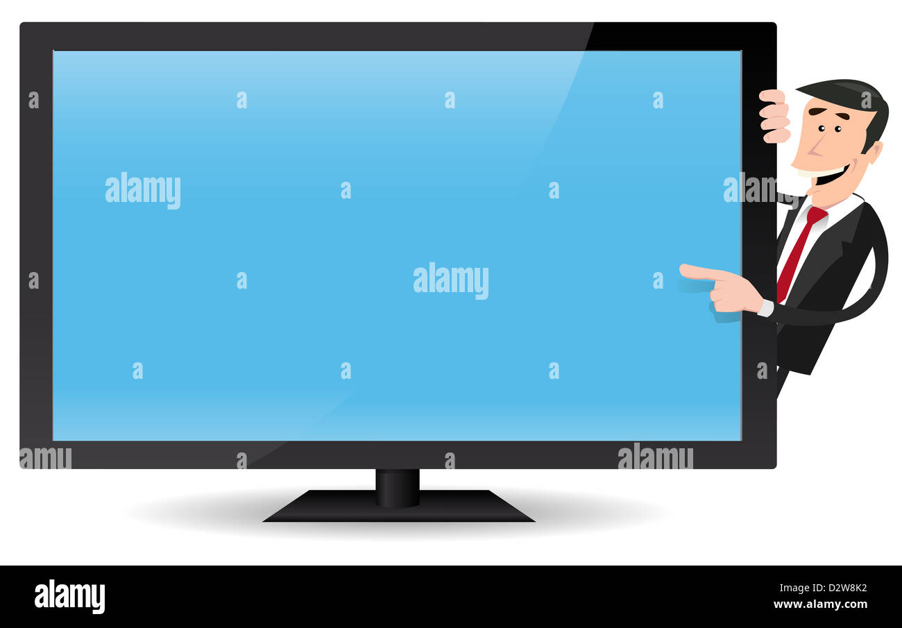 Illustration of a cartoon businessman pointing a flat screen tv, for ...