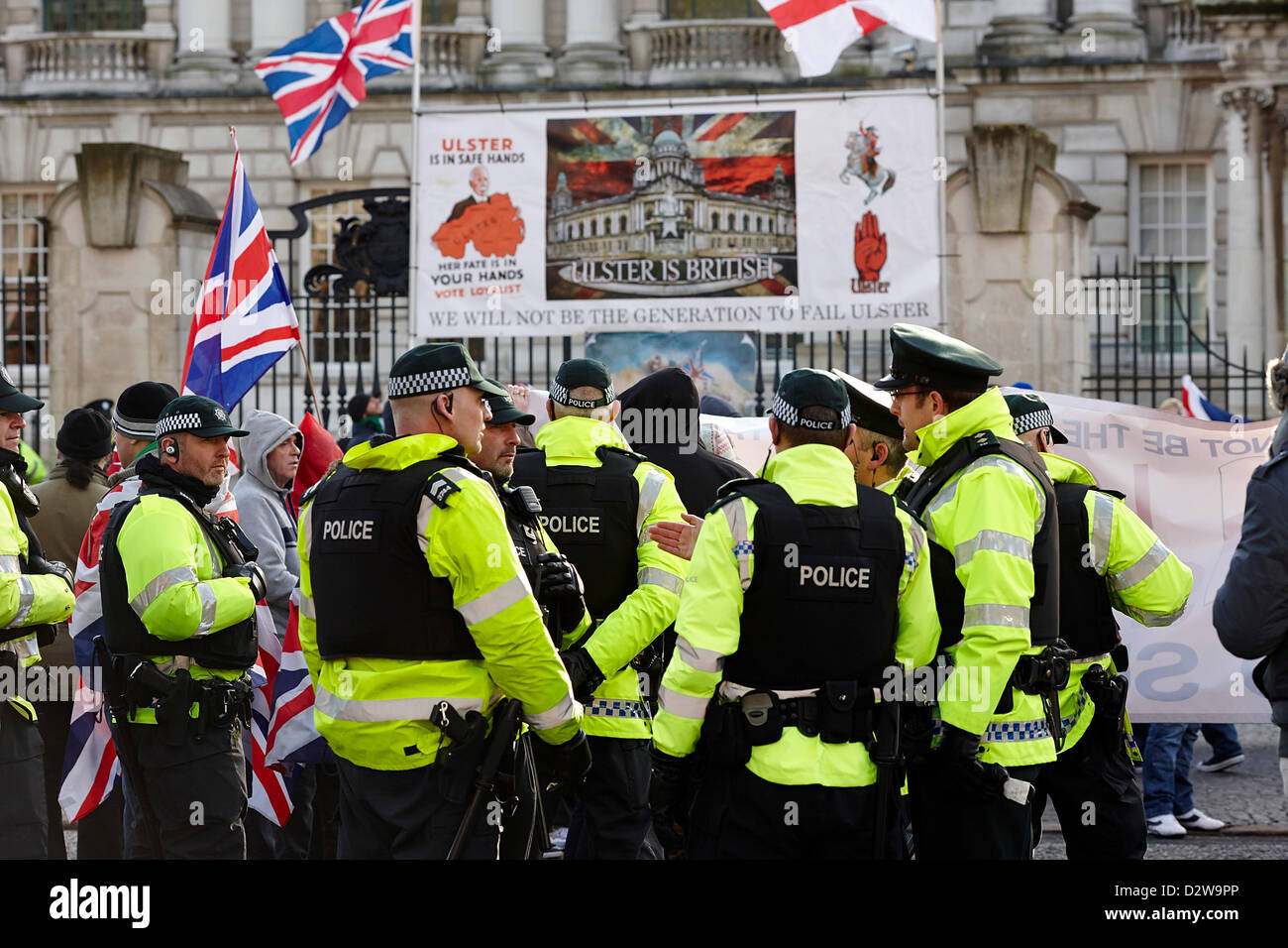 Belfast, Northern Ireland, UK. PSNI police officers at ongoing protests ...