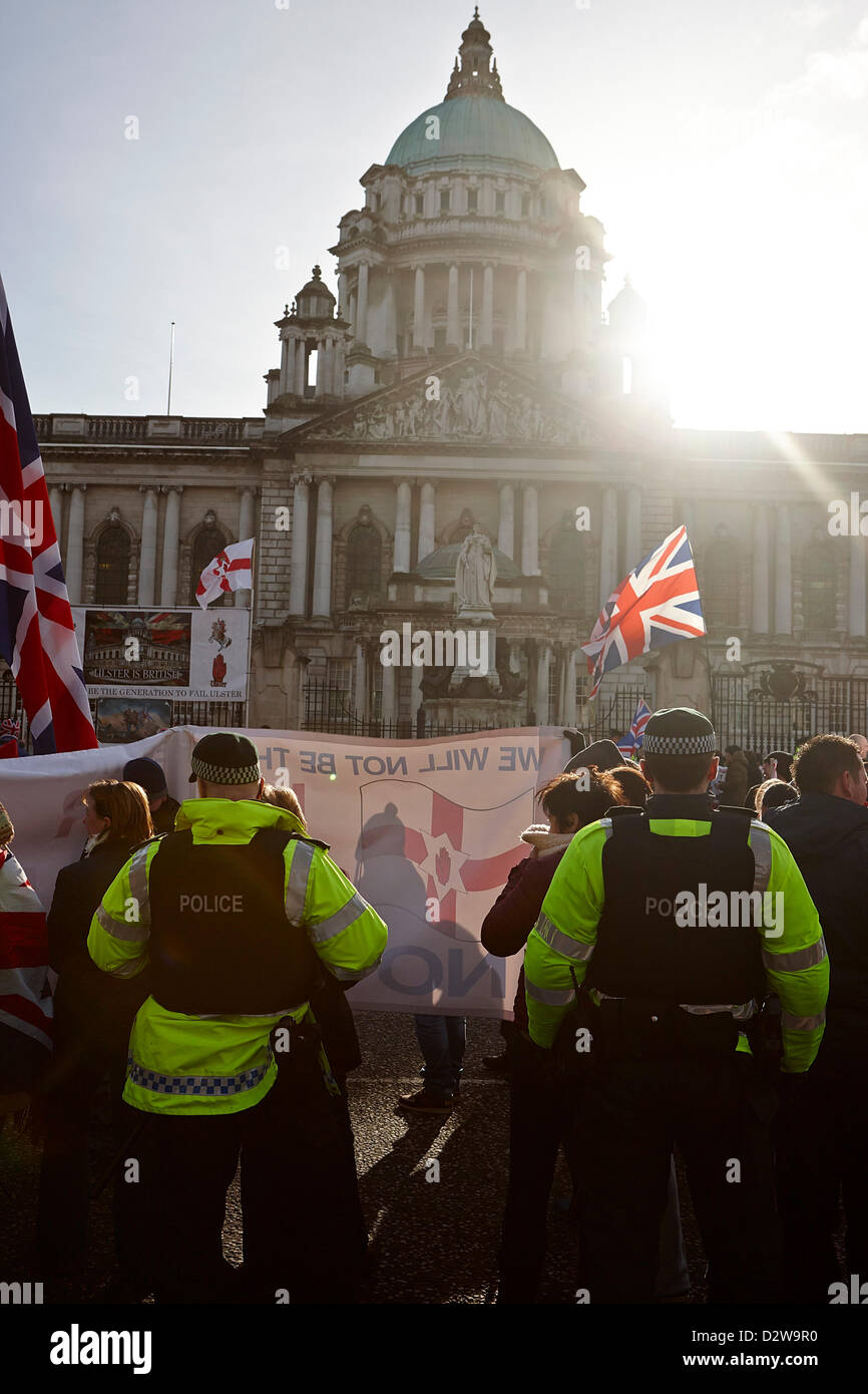Belfast Northern Ireland Uk Police Line In Front Of Belfast City