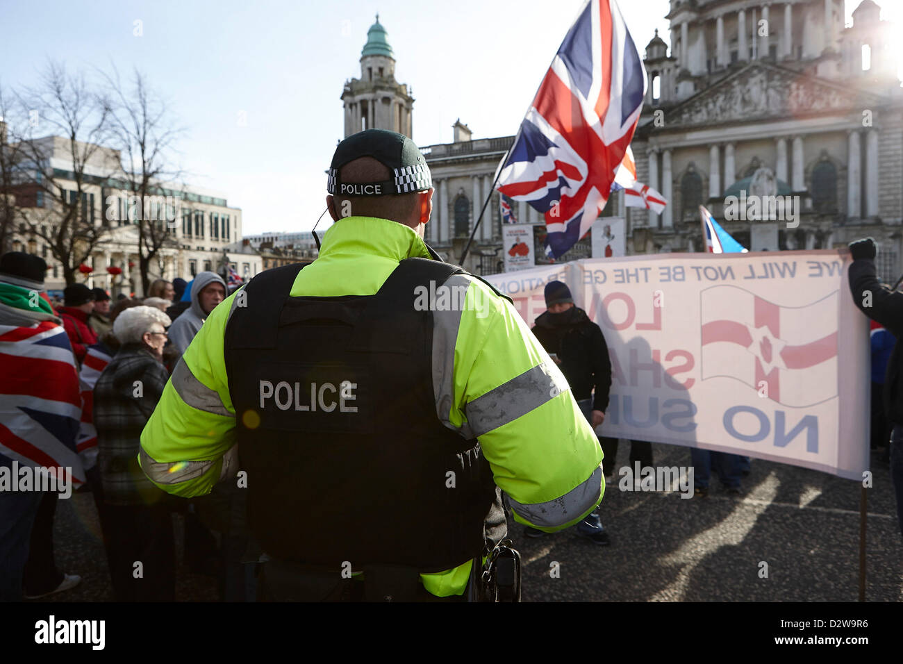 Belfast, Northern Ireland, UK. PSNI police officer at ongoing protests ...