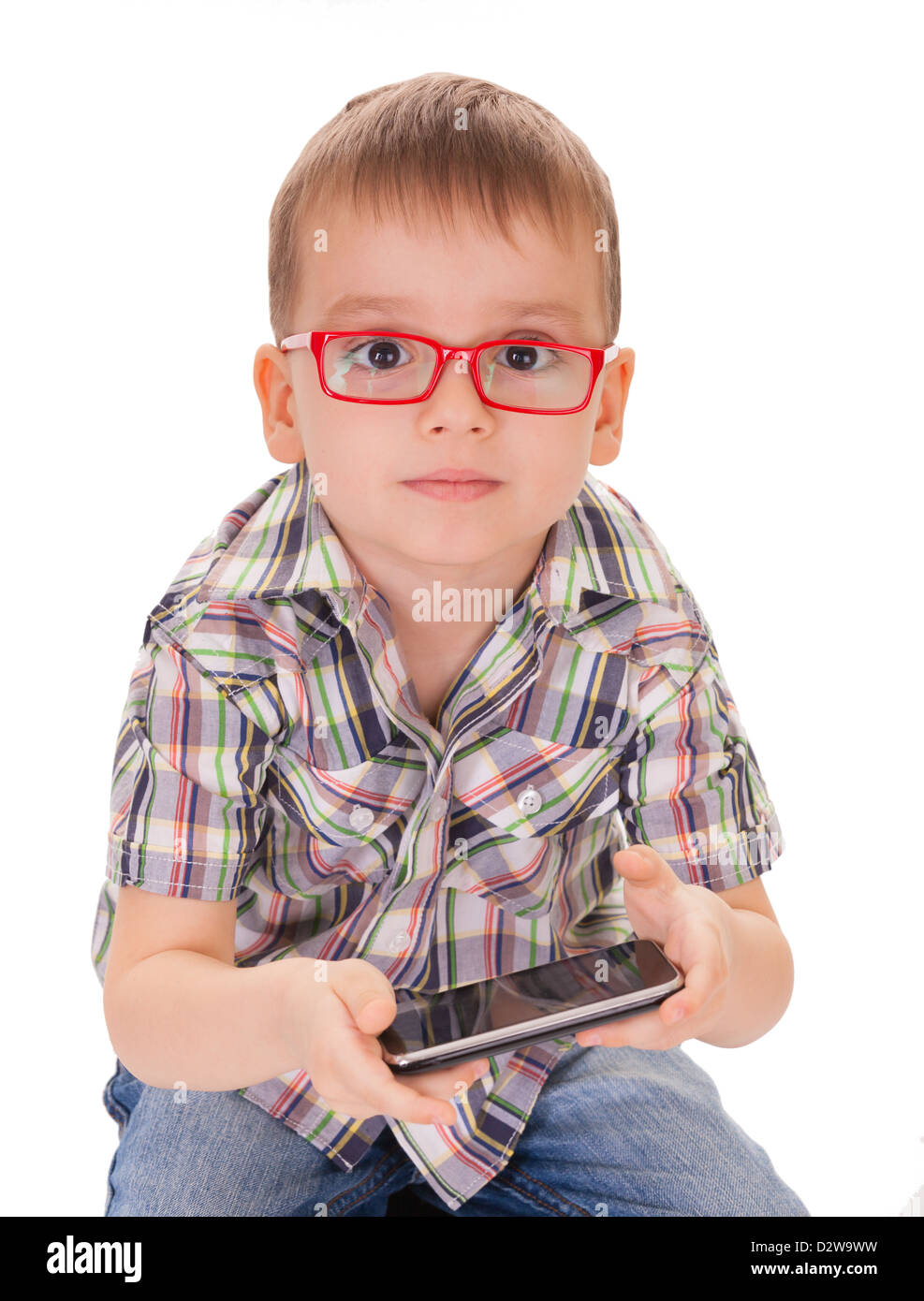 Clever kid play smart phone isolated on white background Stock Photo ...