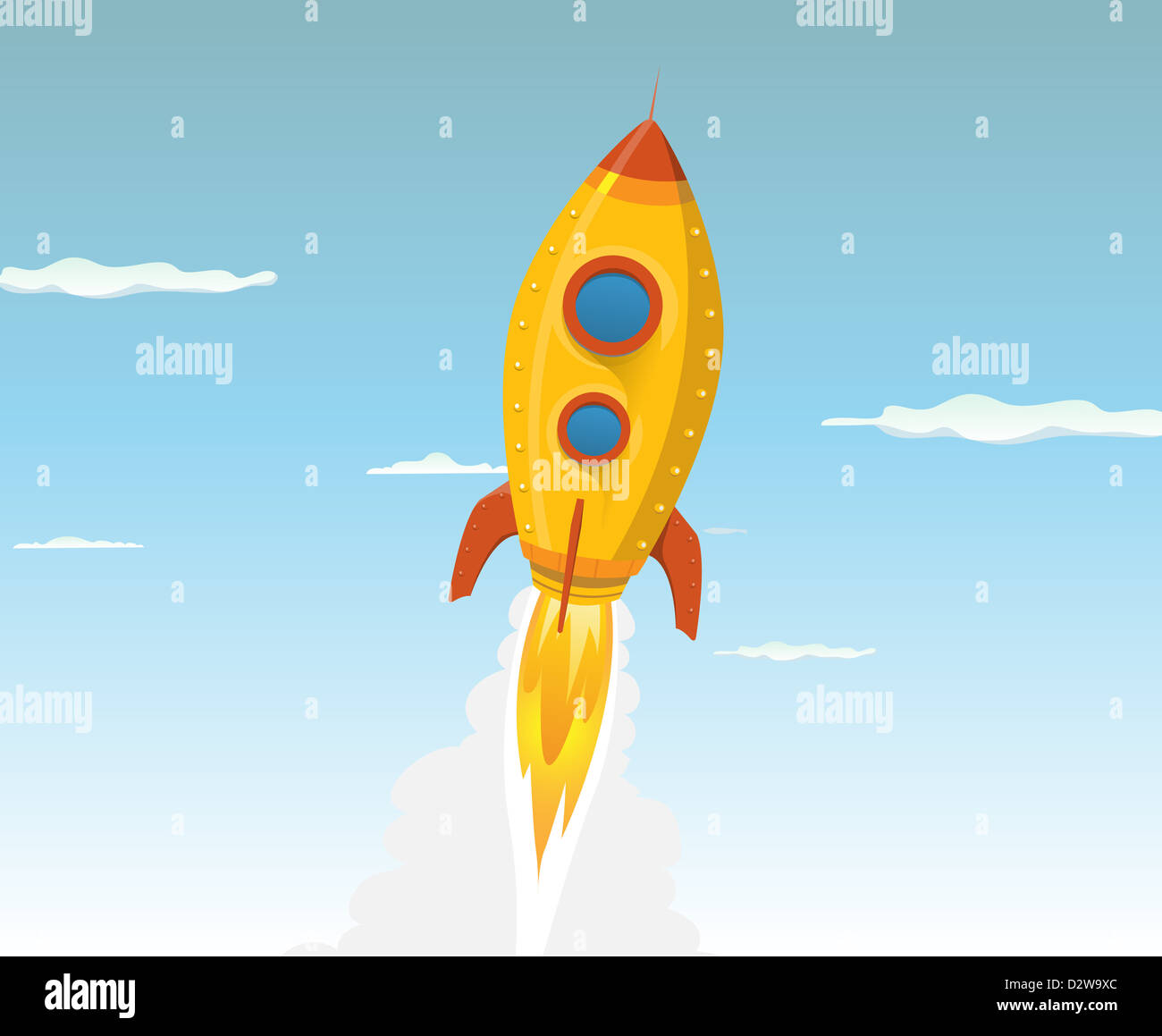 Illustration of a cartoon rocket ship or UFO flying in the sky and ...