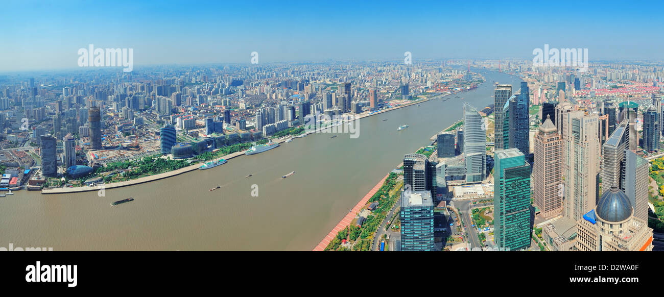 Shanghai city aerial view panorama with urban architecture over river ...
