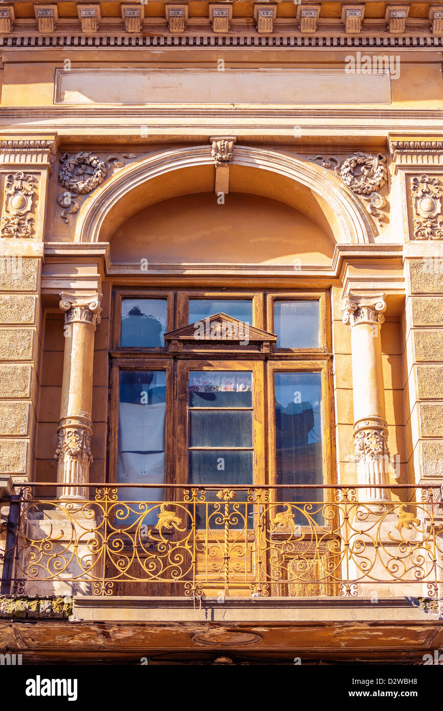 View of large old classic architectural balcony with columns, arcade ...