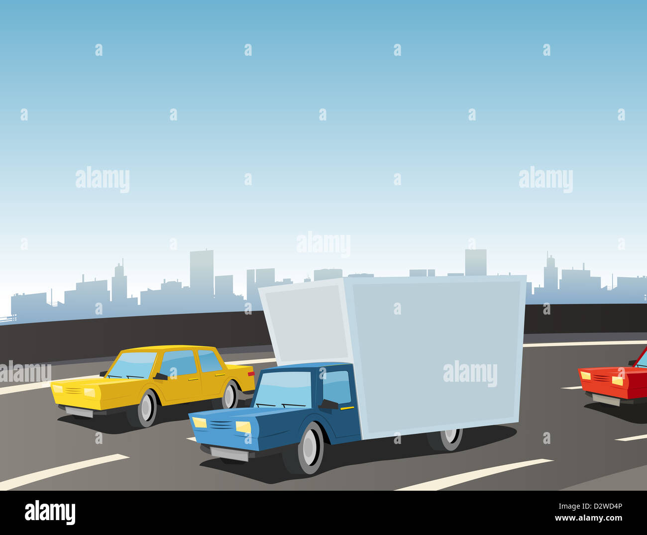 Illustration of cartoon cars and truck driving on the highway Stock ...