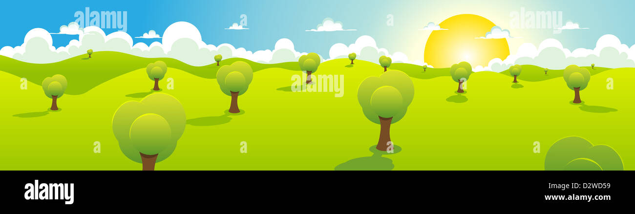 Illustration of a cartoon spring or summer landscape with trees, blue ...