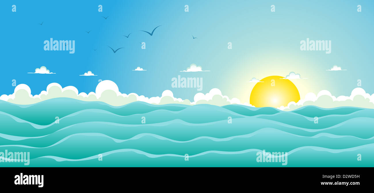 Illustration of a cartoon wide ocean for spring, or summer holiday ...