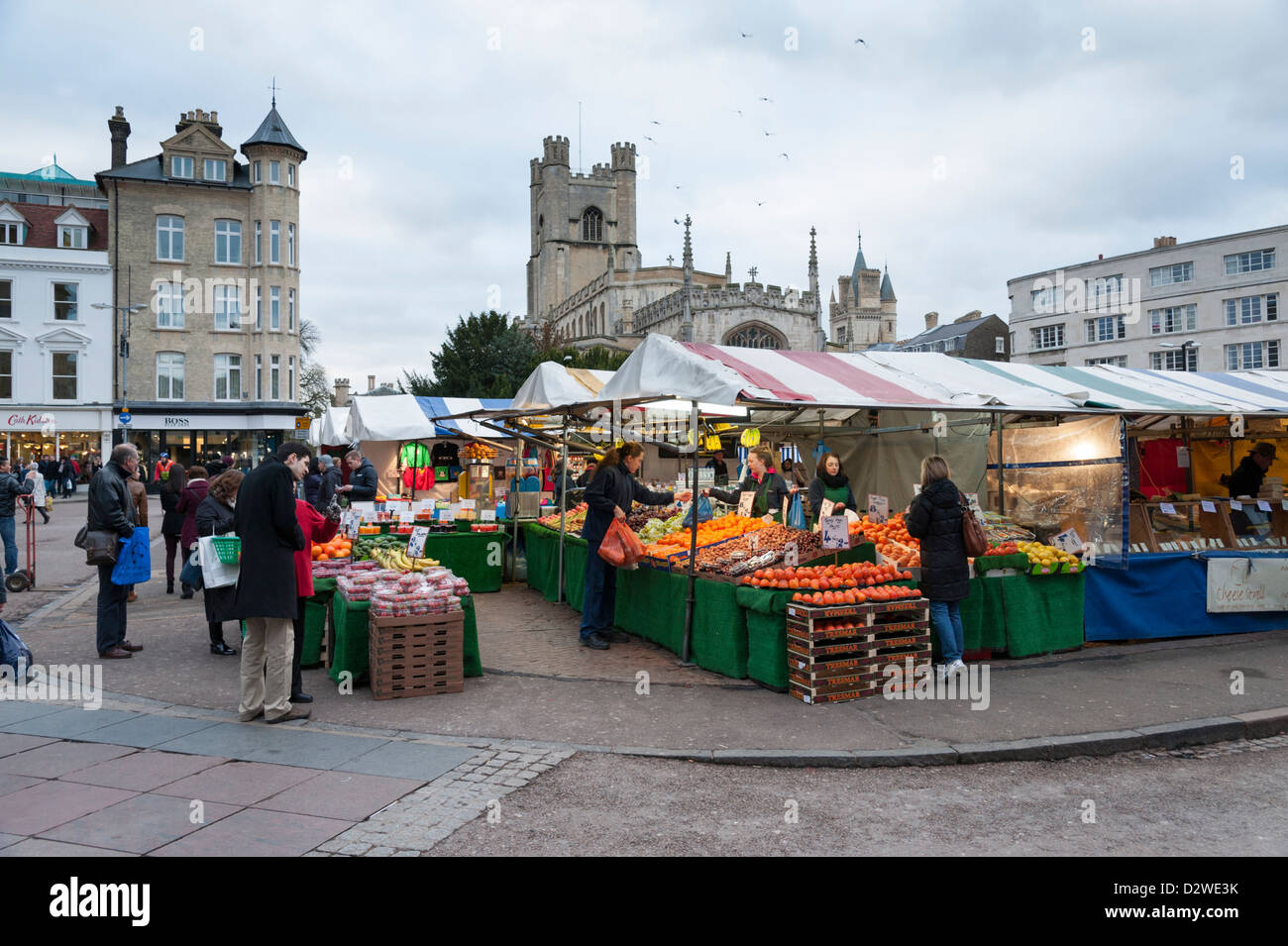 Cambridge Market UK at dusk showing stalls and fruit sellers Stock ...