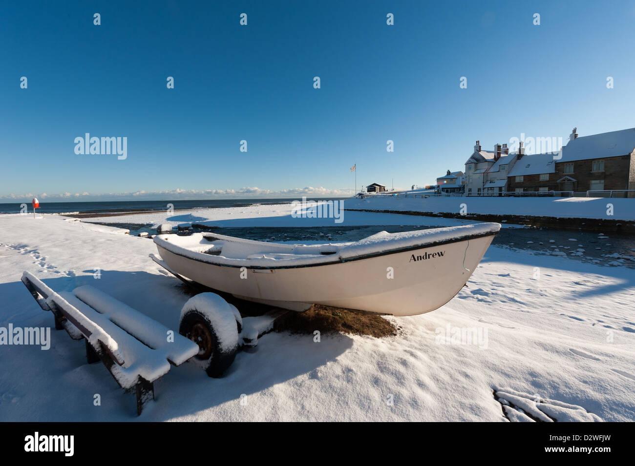 Fishing Boat called Andrew at Sandsend Whitby in the snow Stock Photo ...