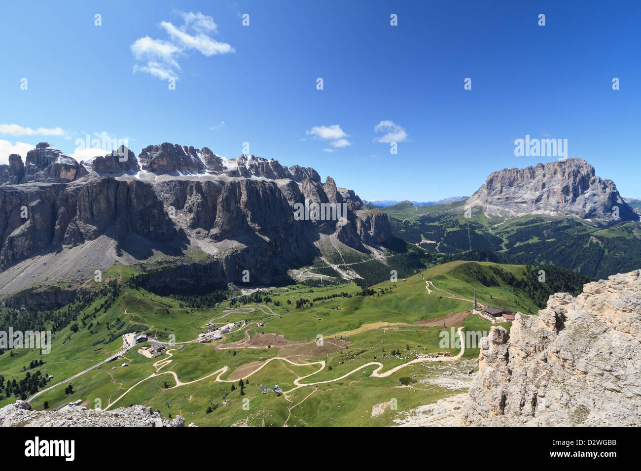 aerial view of Gardena pass and Sella goup and Sassolungo mount ...