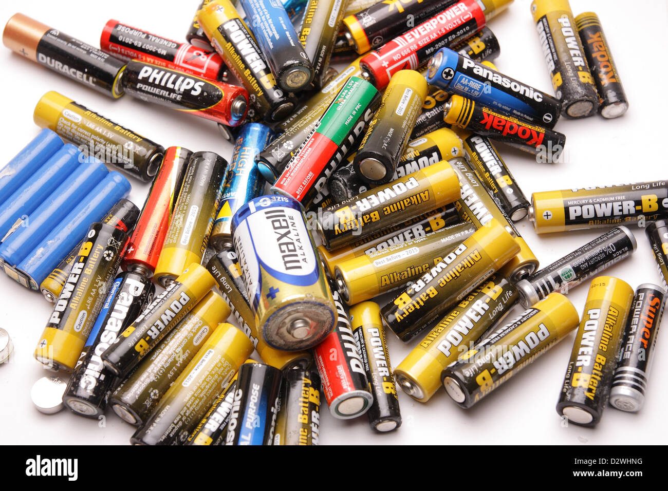 KOCAELI, TURKEY - FEBRUARY 23: Group of old batteries isolated on white ...