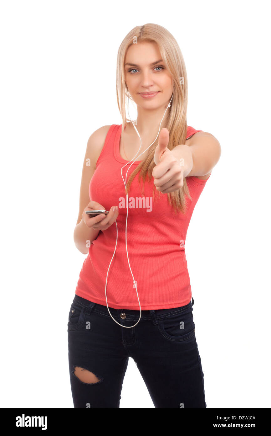Blond teenage girl listen music Stock Photo - Alamy