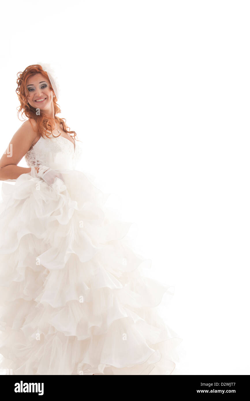 Happy beautiful bride white background Stock Photo - Alamy