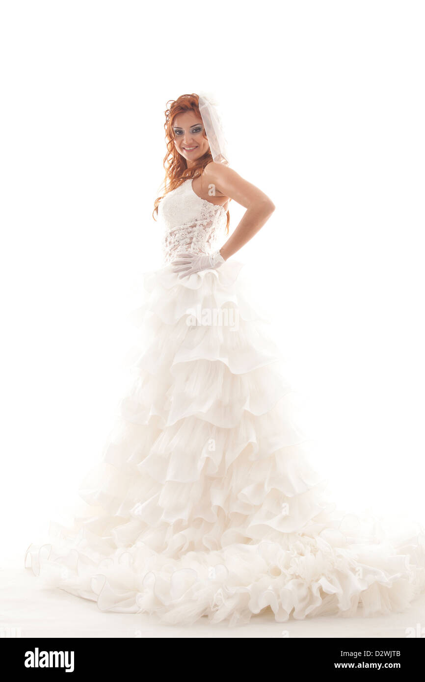 Happy beautiful bride white background Stock Photo - Alamy