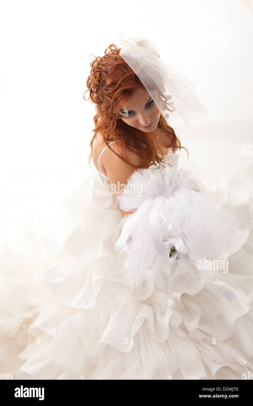 Happy beautiful bride white background Stock Photo - Alamy