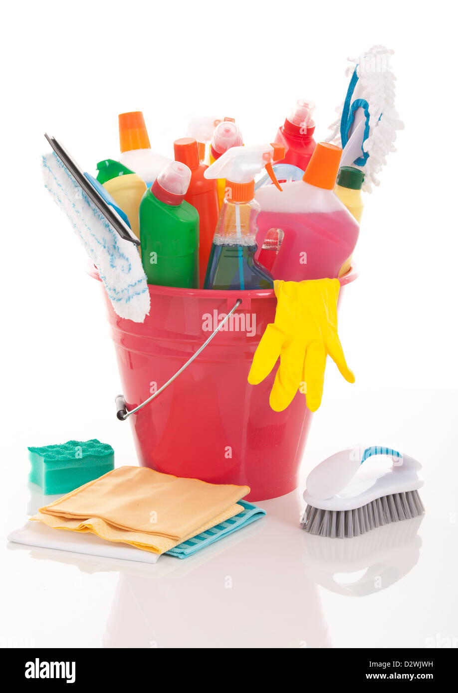 Plastic bucket with cleaning supplies on white background Stock Photo ...