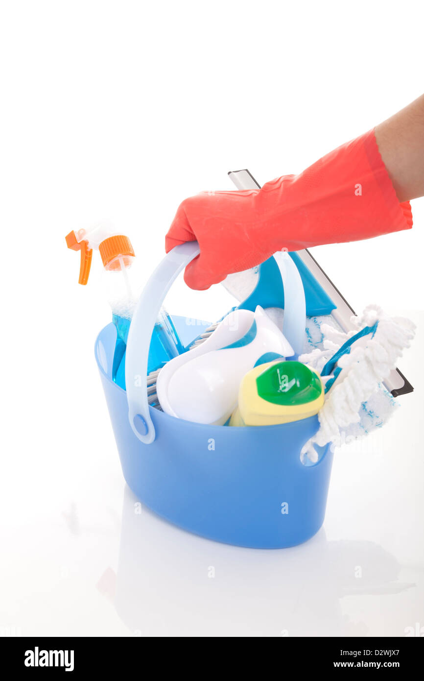 Plastic bucket with cleaning supplies on white background Stock Photo ...