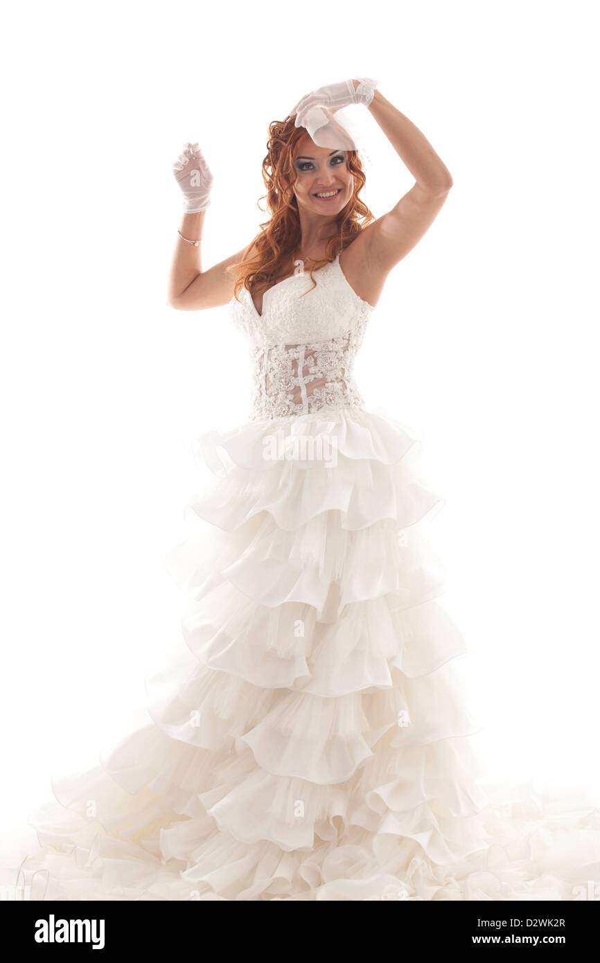 Happy beautiful bride white background Stock Photo - Alamy