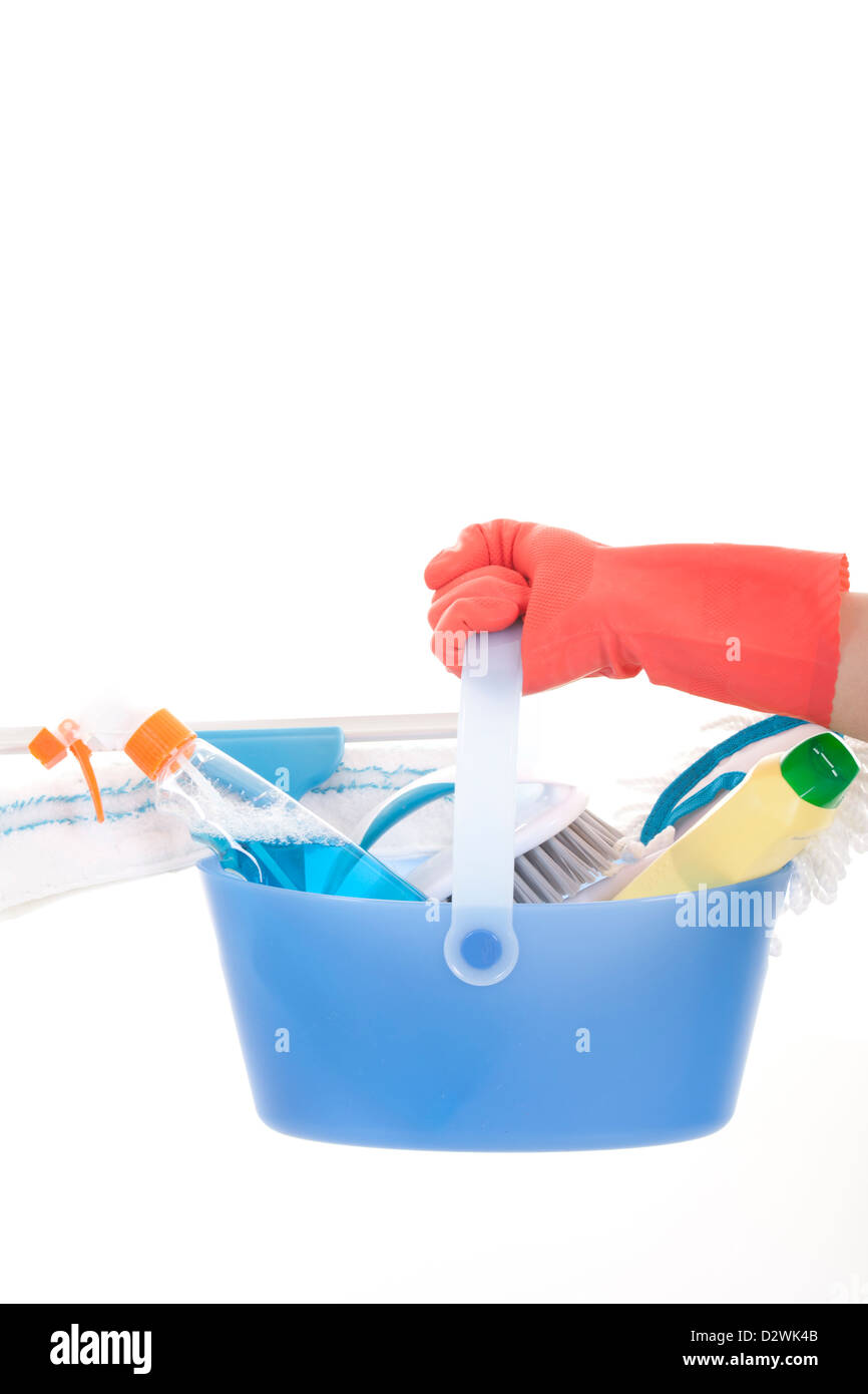 Plastic bucket with cleaning supplies on white background Stock Photo ...