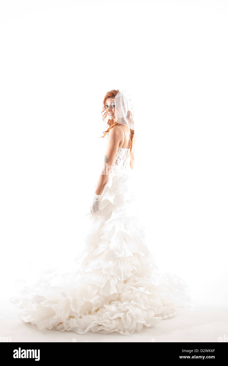 Happy beautiful bride white background Stock Photo - Alamy